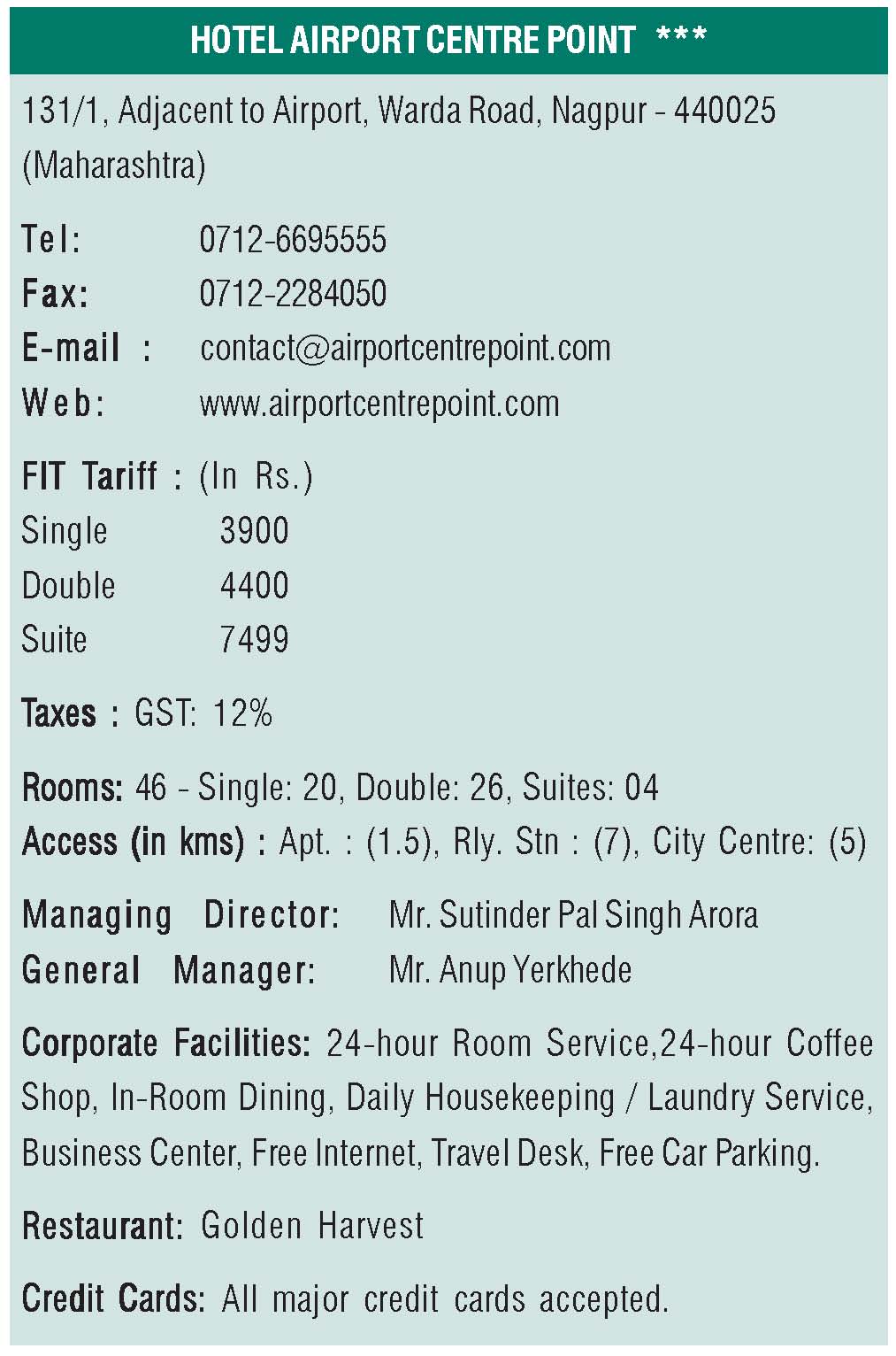 Nagpur-Hotel Airport Centre Point – IHD Indian Hotel Directory